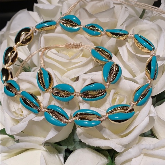Jewelry | Adjustable Chocker Golden And Teal Cowrie Shell | Poshmark